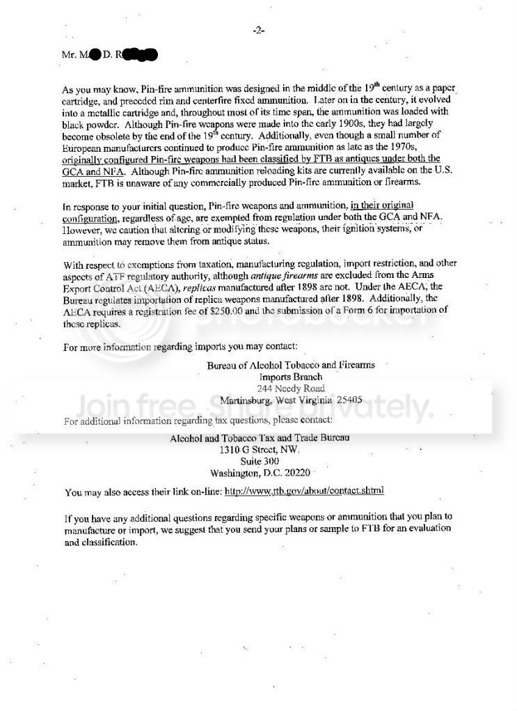 ATF letter pinfire guns are NOT subject to 68 GCA or 34 NFA > General ...